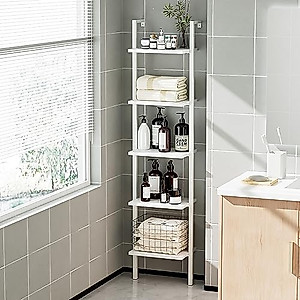 NUMENN Industrial Ladder Shelf, 5 Tier Book Shelf, Open Space Wall Mount Bookshelf with Metal Frame, Sturdy Book Shelves, Bookcase for Living Room, Home Office Shelf, White