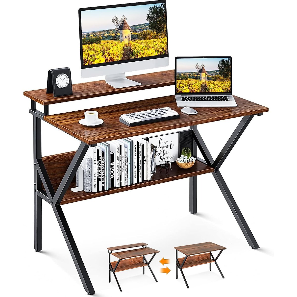ODK Small Desk, 27.5 Inch Small Computer Desk for Small Spaces, Compact Desk with Storage, Tiny Desk Study Desk with Monitor Stand for Home Office, Espresso