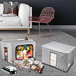 WONLIFE Folding Storage Box,Steel Frame Storage Box,Clear Collapsible Container,Foldable Cloth Storage Box,Closet Storage Bag,Stackable Storage Bins,Organizer Set/Handles/Window/Zipper(2-Pack,Gray,L)