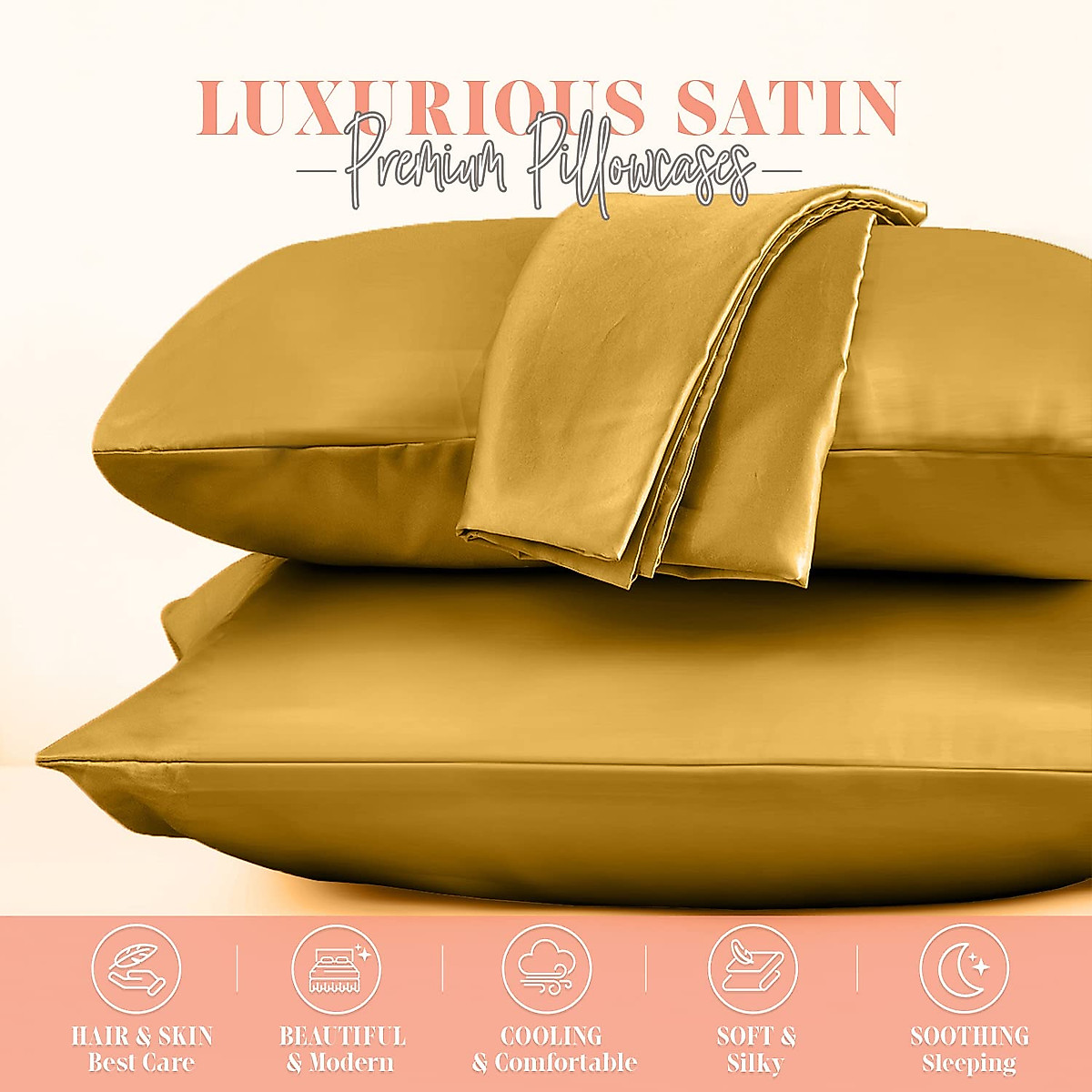 Elegant Comfort Silky and Luxurious 2-Piece Satin Pillowcase Set for Healthier Skin and Hair, Hidden Zipper Closure and Beautifully Packaged, Satin Pillowcase Set, King, Gold