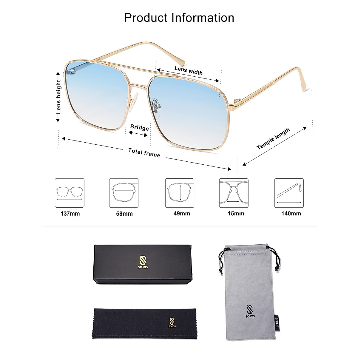 SOJOS Retro Square Aviator Sunglasses Womens Mens Aesthetic Y2k Light Lens Shades SJ1176, Gold/Gradient Light Blue