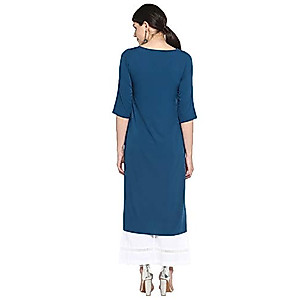 Janasya Indian Women's Turquoise Blue Poly Crepe Kurta(JNE3457-KR-XL)