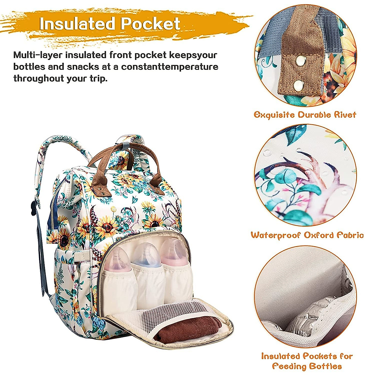 LIMHOO 4 in 1 Diaper Bag Backpack Set for Baby Girls Mom Large Capacity Waterproof Baby Care Bag Multi-Function Nappy Bag (Floral)