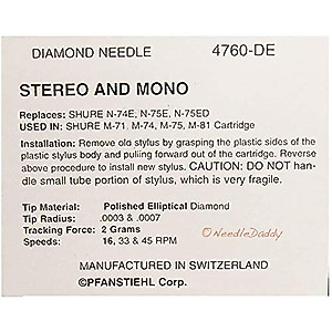 TURNTABLE NEEDLE FITS Shure N74E N75E REALISTIC RS-8E RS8E M74 M75 M81 4760-DE