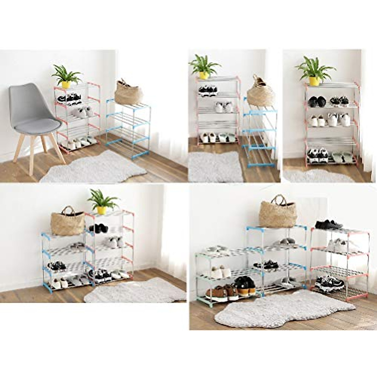 Diligencer Sturdy Plastic Stainless Steel Stackable Assembly Shoe Rack for Home Wall Entryway Over Door Closets Organizer Shoes Rack Ms Men Kids （Pink/Green/Blue）