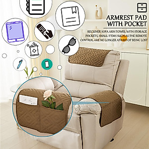 Sofa Armrest Cover, Headrest Cover for Recliner Chair Arm Cover, Armchair Slipcover with Pockets, Nonslip Quilted Furniture Protector for Pets Leather Sofa Couch (Khaki(Style B),3 Seater(5pcs))