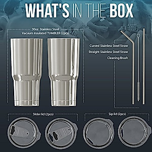 BluePeak Double Wall Vacuum Stainless Steel Insulated Tumblers Set, 2-Pack - Includes 2 Sipping Lids, 2 Spill-Proof Sliding Lids, 2 Straws, 1 Cleaning Brush & Gift Box (30 oz, Silver)