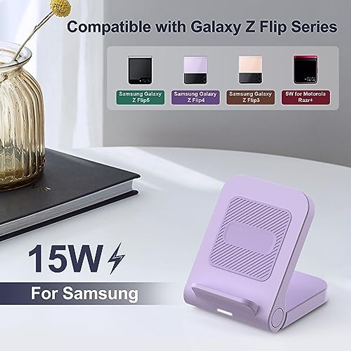 for Samsung Galaxy Z-Flip Wireless Charger: Galaxy Z Flip 5/4/3 Wireless Charging Stand,15W Fast Wireless Charger for Galaxy Z Flip5/Z Flip4/Z Flip3,Razr(At 5W)Easy Carry(QC3.0 Adapter Included)Purple