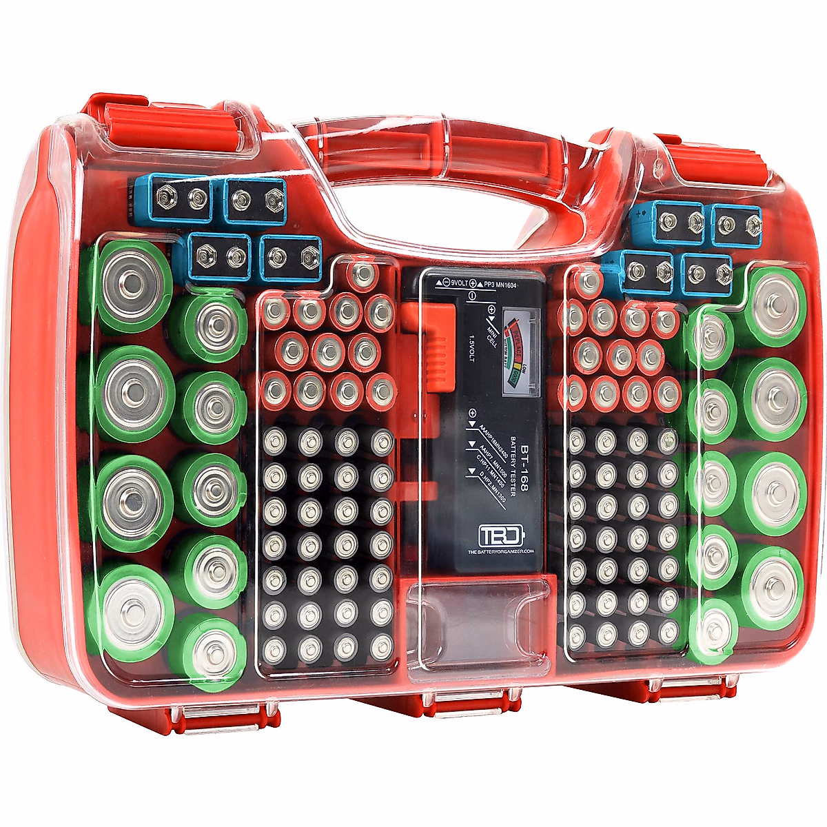 Battery Organizer Storage Case with Tester, Holds 180 Batteries, Clear Hinged Cover, Locking Lid - For AA, AAA, C, D and More