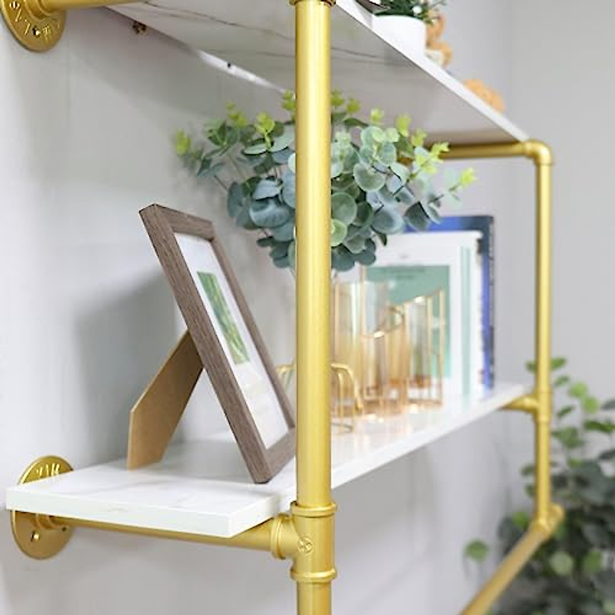 MOUTIK Wall Clothing Rack Gold - 46" Long Industrial Pipe Garment Rack with 2 Tier Shelves, Heavy Duty Iron Clothes Rod Retail Display for Bedroom, Laundry