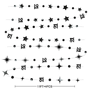 Black Number 21 Circle Dot Twinkle Star Garland Metallic Hanging Streamer Bunting Banner Backdrop Decoration for Girls Boys 21st Birthday Finally Legal Twenty One Anniversary Wedding Party Supplies