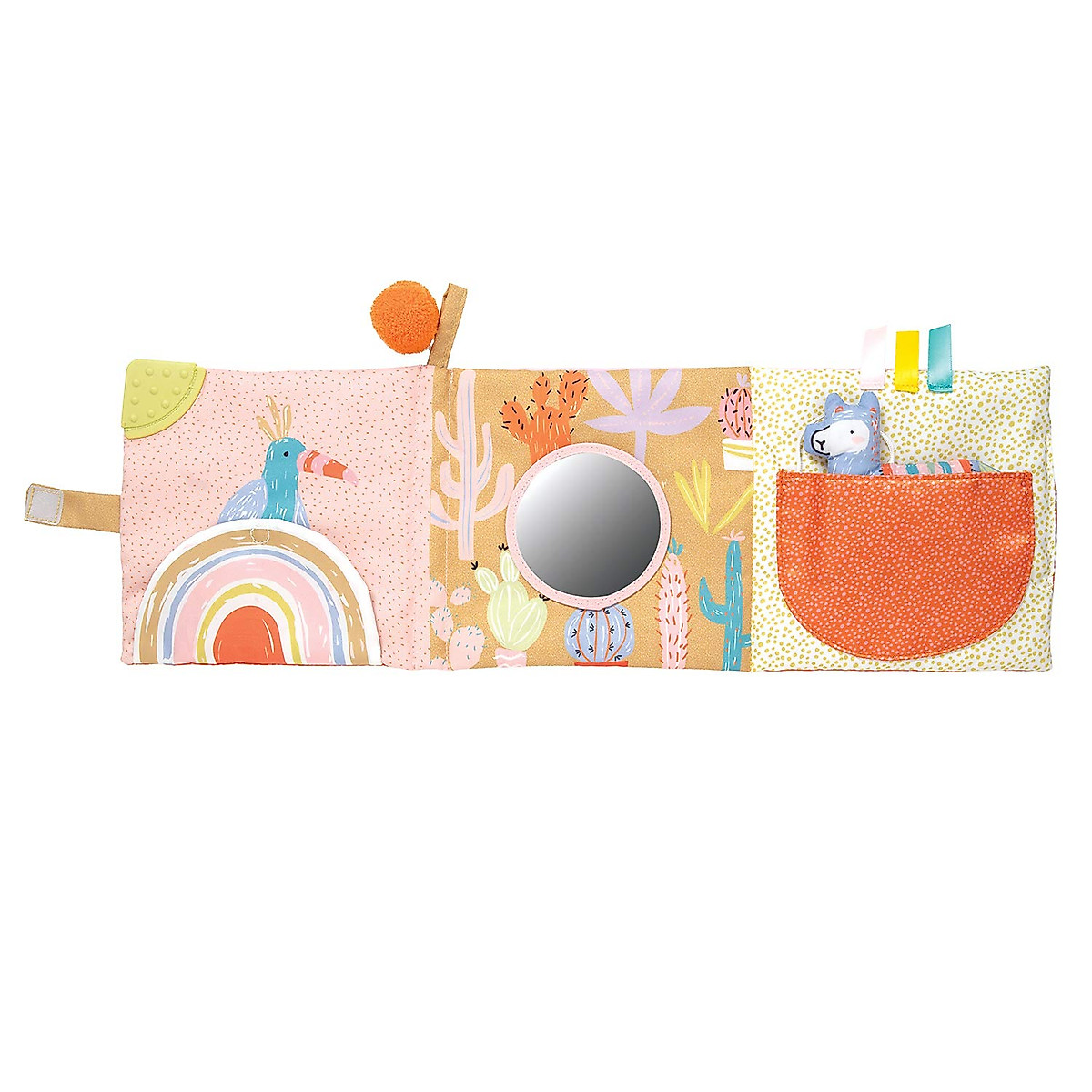 Manhattan Toy Llama Themed Soft Baby Activity Book with Squeaker, Crinkle Paper and Baby-safe Mirror Small