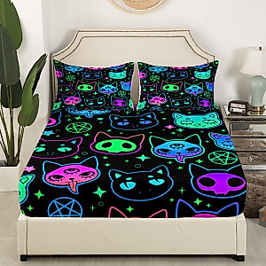 Erosebridal Halloween Theme Sheet Set Cute Neon Cat Full Sheets for Girls Boys Gradient Cat Skeleton Bed Sheets Psychedelic Galaxy Stars Fitted Sheet Kawaii Kitten Home Decor,Black