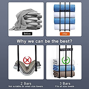 Sawjut Wall Towel Racks for Bathroom Wall Mounted, 3 Bars Metal Wall Towel Storage Rack with 6 Hooks, Bath Towel Holder Shelf for Rolled Towels Large Towel Washcloths Hand Towels (Black)