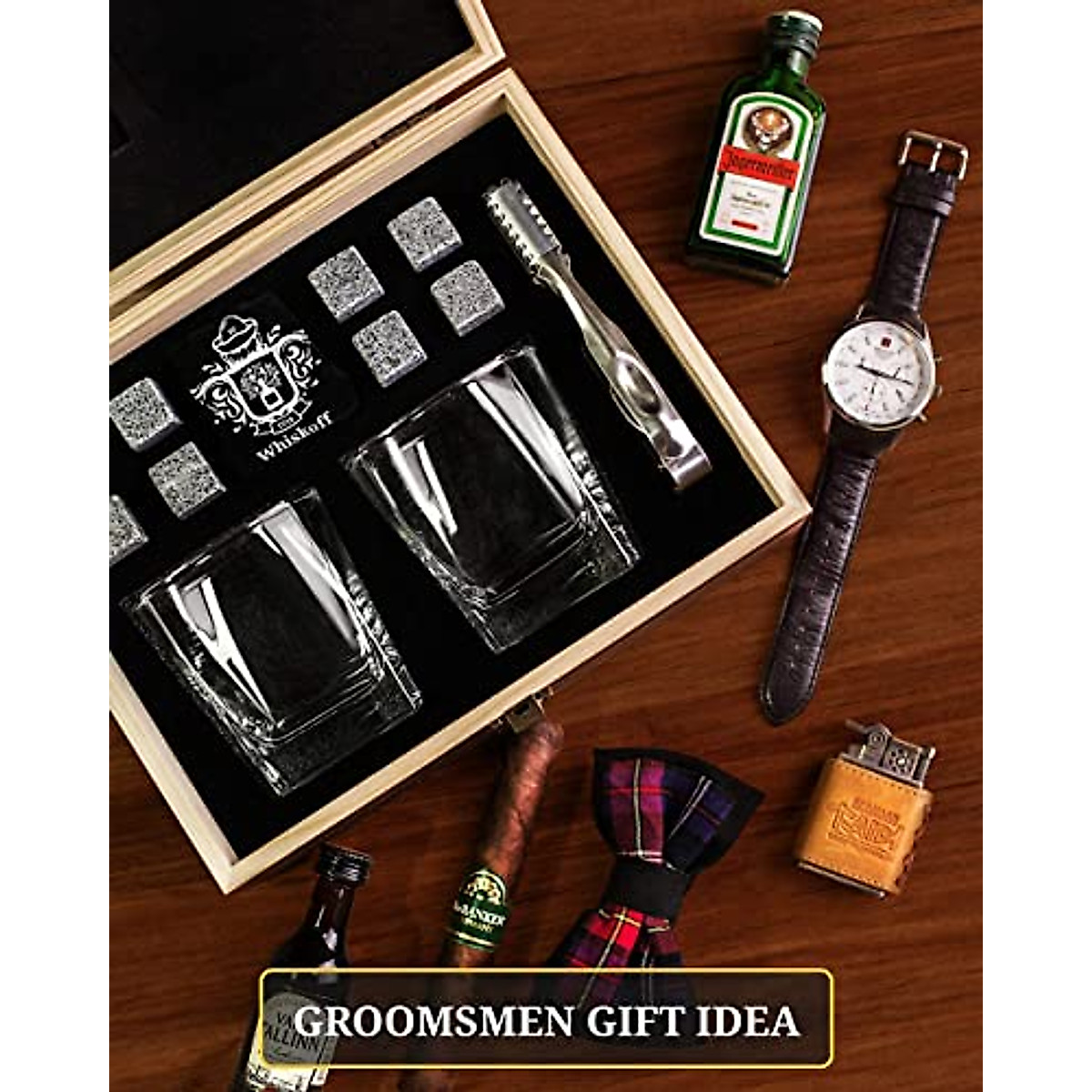 Whiskey Glass Set of 2 - Old Fashioned Whiskey Includes Square Crystal Whiskey Glasses, Chilling Rocks, Slate Coasters - Bourbon Glass set Old Fashioned - Birthday gifts men women, 40th birthday, 50th