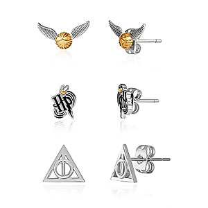 Harry Potter Jewelry, Stud Earrings Sets, 3 Pairs - HP, Deathly Hallows, and Golden Snitch, Gold Plated, Silver Plated