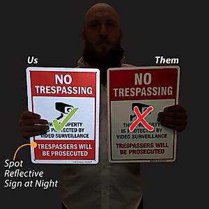 SmartSign 14 x 10 inch “No Trespassing - Property Protected by Surveillance, Trespassers Prosecuted” Metal Sign, 40 mil Aluminum, Engineer Grade Reflective Material, Red, Black and White
