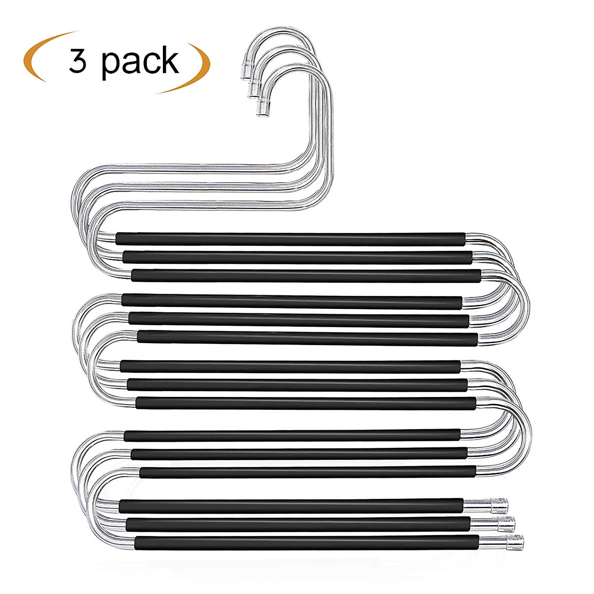 HonTop 3 Pack Pants Hangers S-Shape 5 Layers Stainless Steel with Black Silicone Coating Multi Clothes Cascading Pants Hangers Space Saving Clothes Organizer for Jeans Pants Scarf Ties Towels