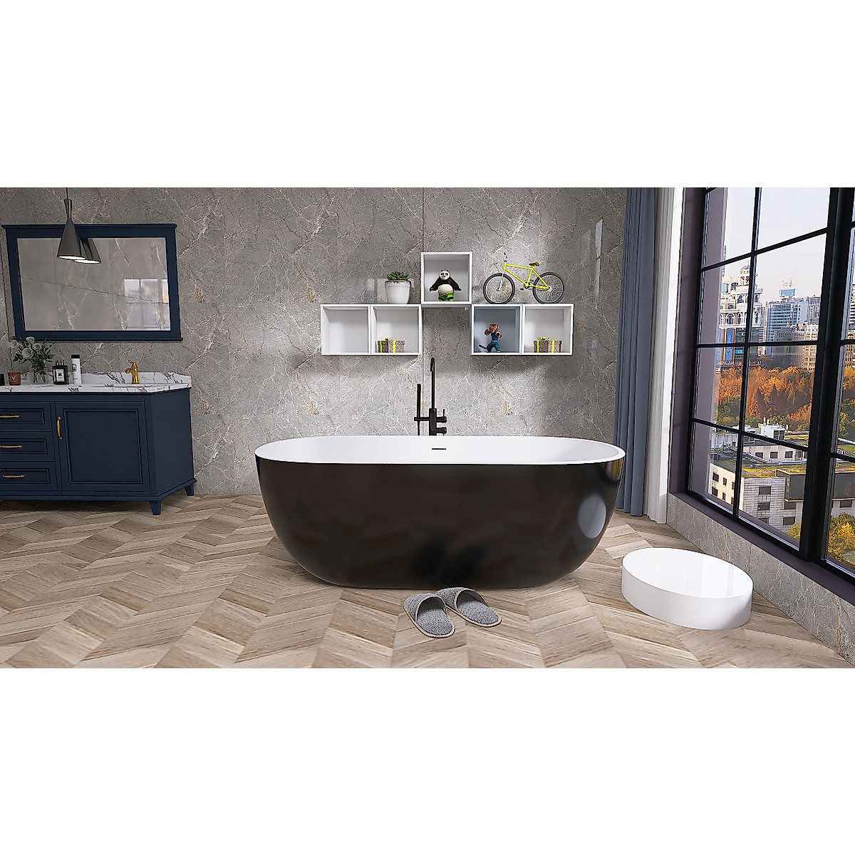 KUIKUI Classic Oval Shape Soaking Bathtub, 55" Acrylic Free Standing Bathtub withe Freestanding, Integrated Slotted Overflow,Pop-up Drain, Anti-clogging Black