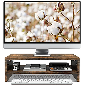 ELIVED Monitor Stand Riser, 2 Tiers Wood Monitor Riser Stand with Desktop Shelf Storage Organizer, Ergonomic Desk & Tabletop Organizer Desktop Stand for Laptop Computer, MacBook, PC(Rustic Brown)