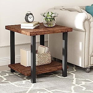 OIOG 2-Tier End Table with Storage Shelf, Rustic Accent End Table for Living Room, Nightstand for Bedroom, Living Room Side Table, Vintage Brown Finish