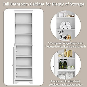 Yaheetech Bathroom Cabinet, Storage Cabinet with 3 Open Shelves & Single Door, Floor Freestanding Tall Linen Cabinet, Narrow Corner Organizer for Bathroom, Living Room, White