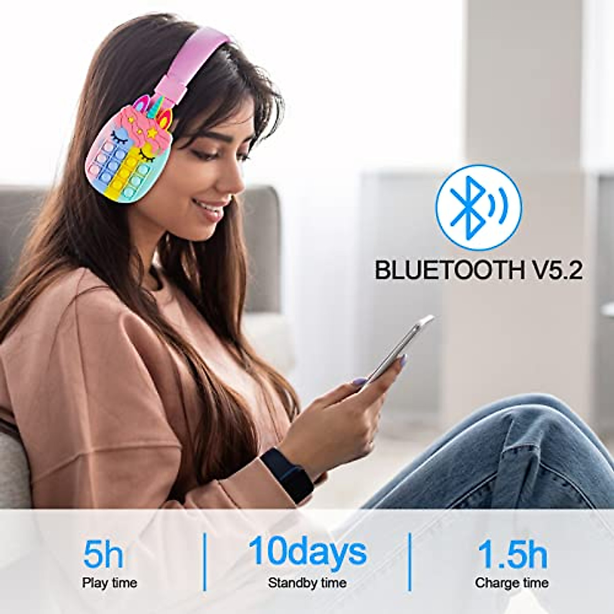 WESADN Bluetooth Headphones Wireless for Girls Women Men Fidget Bubbles Cute Wireless Gaming Headset Over Ear Build in Microphone for Smartphone Tablet PC, Pink