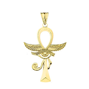 10K Yellow Gold Egyptian Ankh Cross with Eye of Horus Hieroglyphic Key of Life Charm Pendant