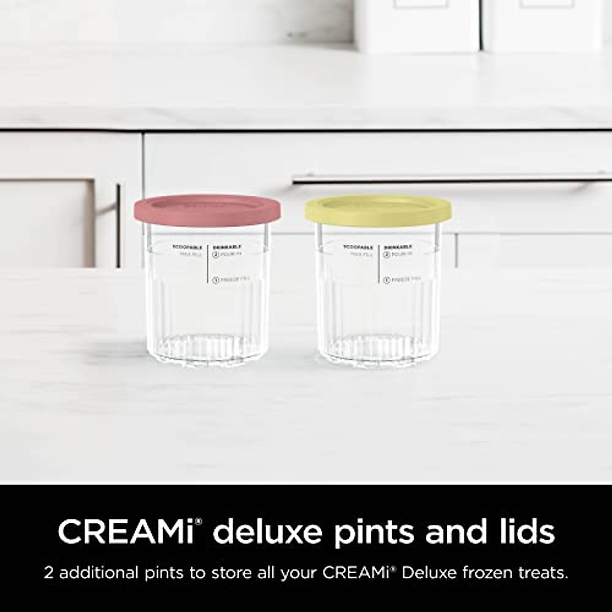 Ninja XSKPNTLTD2 CREAMi Deluxe Pints and Lids 2 Pack, Compatible with NC500 Series Ninja Creami Deluxe ice Cream Makers, BPA-Free & Dishwasher Safe, Coral & Yellow Lids