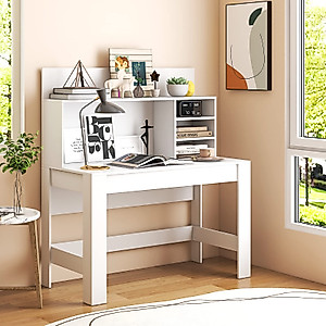 Giantex White Computer Desk with Bookshelf, 48" Home Office Writing Desk with Anti-Tipping Kits & Cable Management Hole, Modern Study Table Workstation for Small Space Bedroom