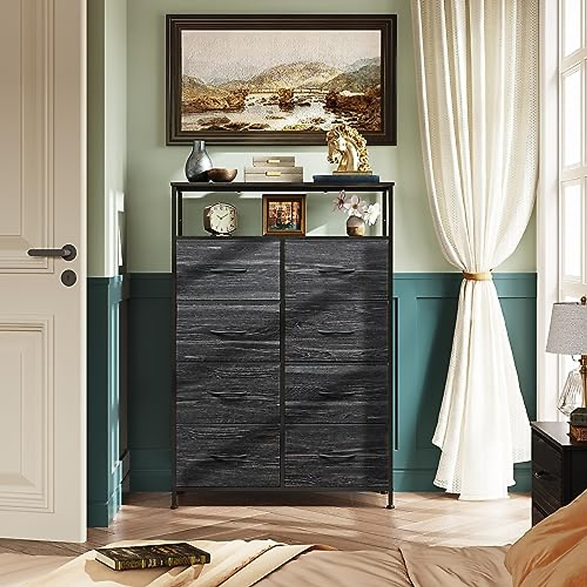 WLIVE Fabric Dresser for Bedroom, Storage Drawer Unit,Dresser with 8 Deep Drawers for Office, College Dorm, Charcoal Black Wood Grain Print