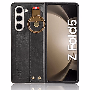 Futanwei for Samsung Galaxy Z Fold5 Case with Wrist Strap Grip Holder Kickstand, Galaxy Z Fold 5 5G Phone Case, [Hard PC + PU Leather] Full Body Shockproof Protective Case Cover for Women Girls, Black