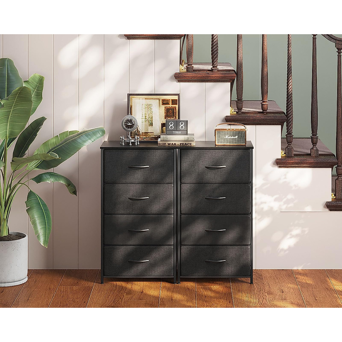 AODK Dresser for Bedroom with 4 Storage Drawers, Small Dresser Chest of Drawers Fabric Dresser with Sturdy Steel Frame, Black