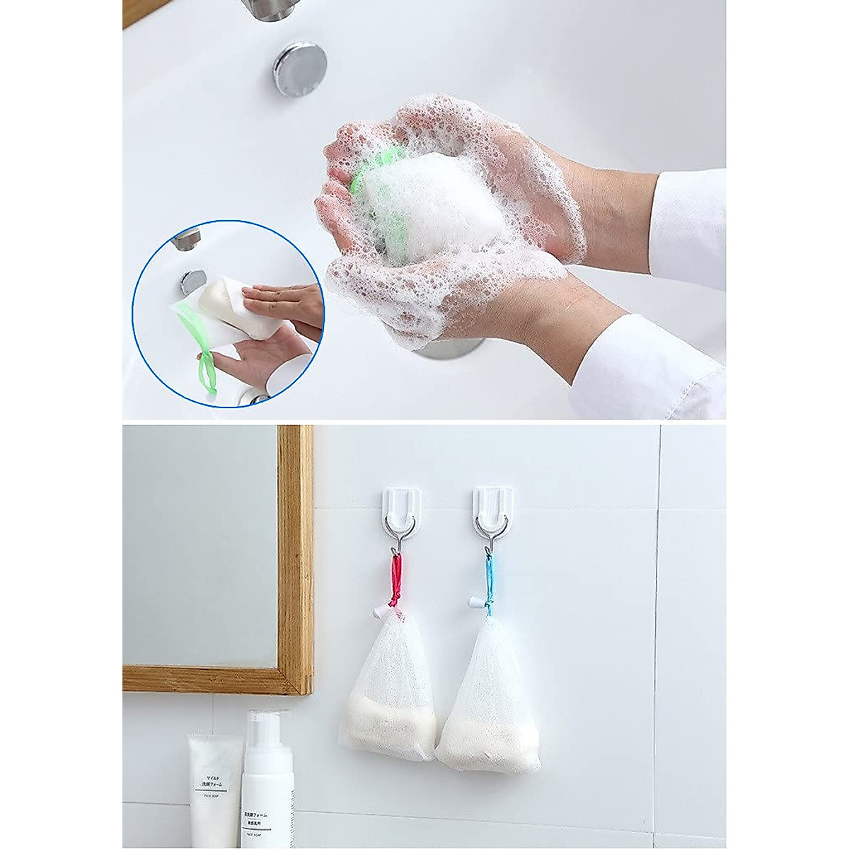 FULINJOY 10 PCS Exfoliating Mesh Soap Saver Pouch Bag Sack, Face Cleansing Foaming Nets, White Pouch with Drawstring (Color Random)