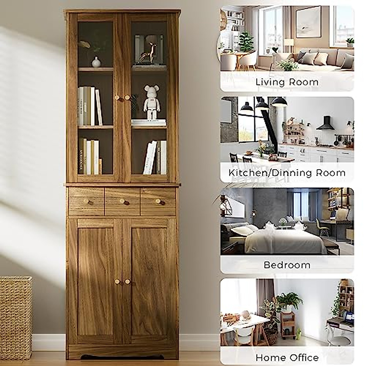 Display Cabinet with Glass Doors and Adjustable Shelves,3-Tier Home Office Bookshelf with Storage Drawers, Freestanding Storage Cabinet for Office Bedroom Dining Living Room（Natural Wood）