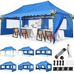 HOTEEL 10x20 Canopy Pop up Canopy with 6 Sidewalls, Easy Setup Canopy Tent Waterproof Tents for Parties with Wheeled Bag, 4 Weight Bag, UV50+ Outdoor Event Tent Vendor Tent, High Roof, Metal Leg, Blue