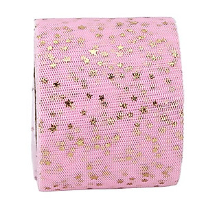 Cyrank Tulle Rolls 2pcs, 6cm Width 25 Yards Tulle Fabric with Gold Stars Patterns Glitter Tulle Rolls for Chair Ties Tutu Skirt Wedding Decor Gift Wrapping(Pink)