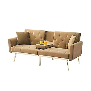FREESNOOZE 72.4'' Convertible Velvet Sleeper Sofa Bed Loveseat Futon Couch w/2 Cupholders, Metal Legs, 2 Pillows for Home, Office, Guest Room, Apartment-Brown
