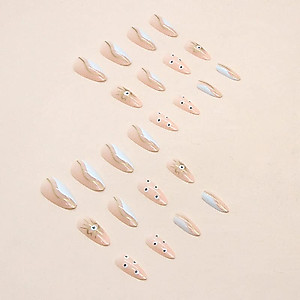 Diduikalor Evil Eye Press On Nails Almond, Cute French Acrylic Nails Press on for Women Girls DIY Nail Manicure, Includes Prep Pad, Mini File, Cuticle Stick, Glue, Jelly Glue and 24 Fake Nails