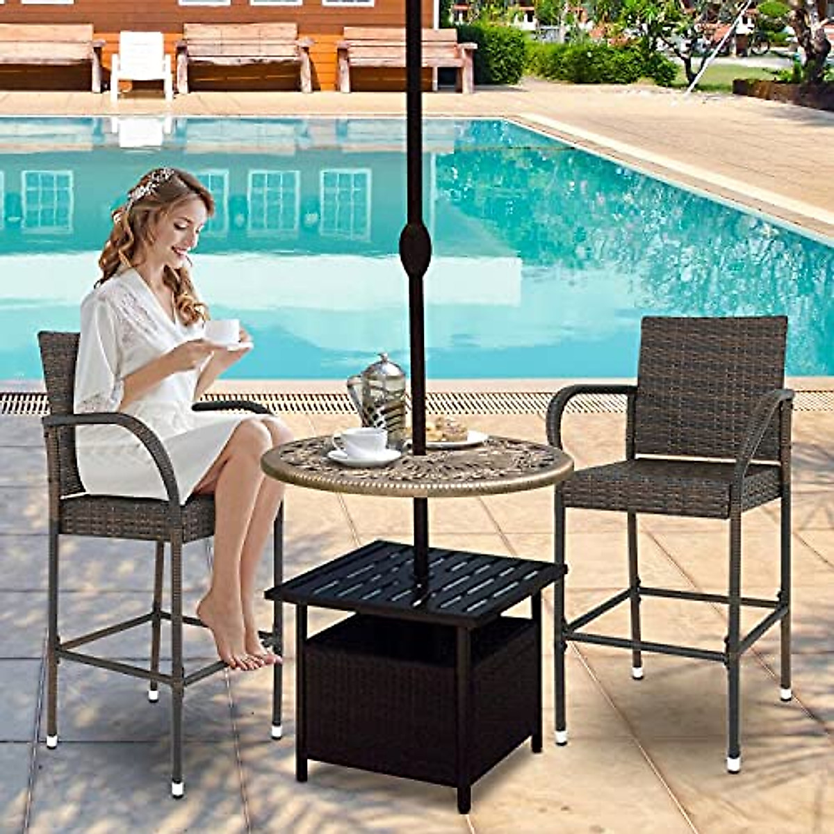 ZENY Set of 4 Wicker Barstool All Weather Dining Chairs Outdoor Patio Furniture Wicker Chairs Bar Stool with Armrest