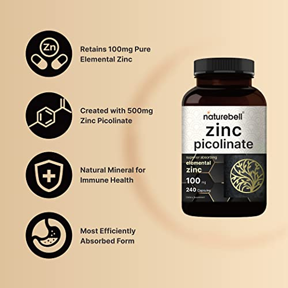 High Potency Zinc Picolinate 100mg - 240 Capsules, Bioavailable Form of Zinc for Immune Support and Skin Health - Non-GMO and Gluten- Zinc Supplements