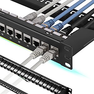 Rapink Patch Panel 24 Port Cat7 with Inline Keystone 10G Support, Coupler Patch Panel STP Shielded 19-Inch with Removable Back Bar, 1U Network Patch Panel for Cat7, Cat6, Cat6A, Cat5e,