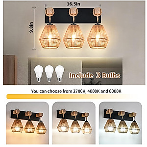 ILLMTW 3-Light Bathroom Vanity Lights Over Mirror,Farmhouse Wood Vanity Light Fixtures for Bathroom,Boho Rustic Adjustable Color with Woven Rattan Wicker Wall Sconces for Hallway Bedroom Living Room