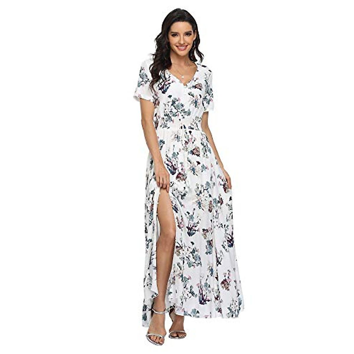 VintageClothing Women's Floral Print Maxi Dresses Boho Button Up Split Beach Party Dress