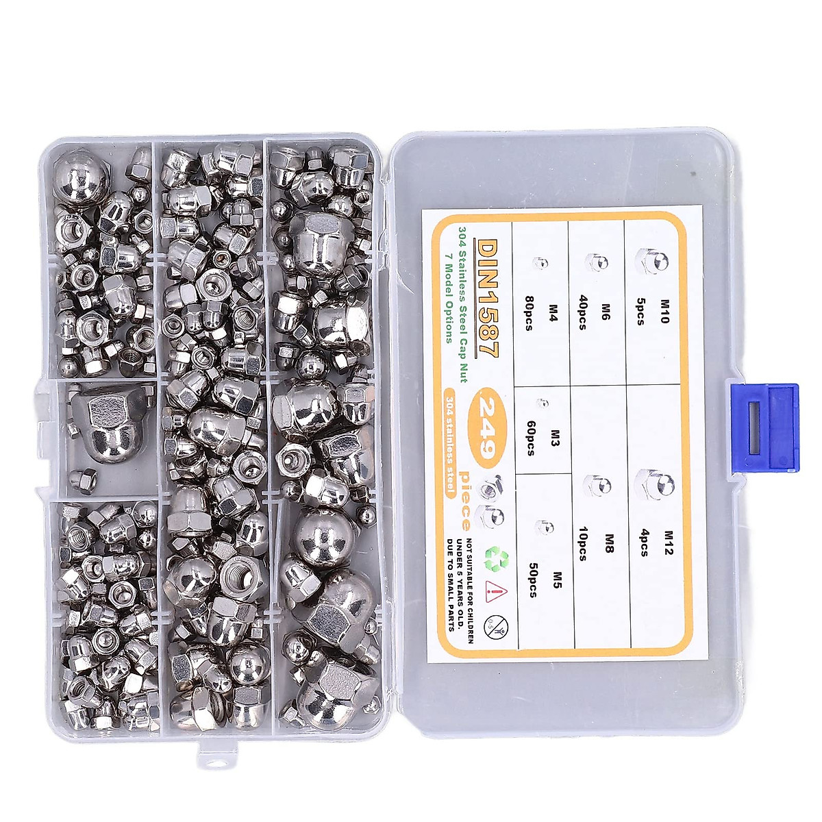 249Pcs Acorn Hex Cap Nuts Assortment Kit,M3‑M12 DIN1587 304 Stainless Steel Bright Finish
