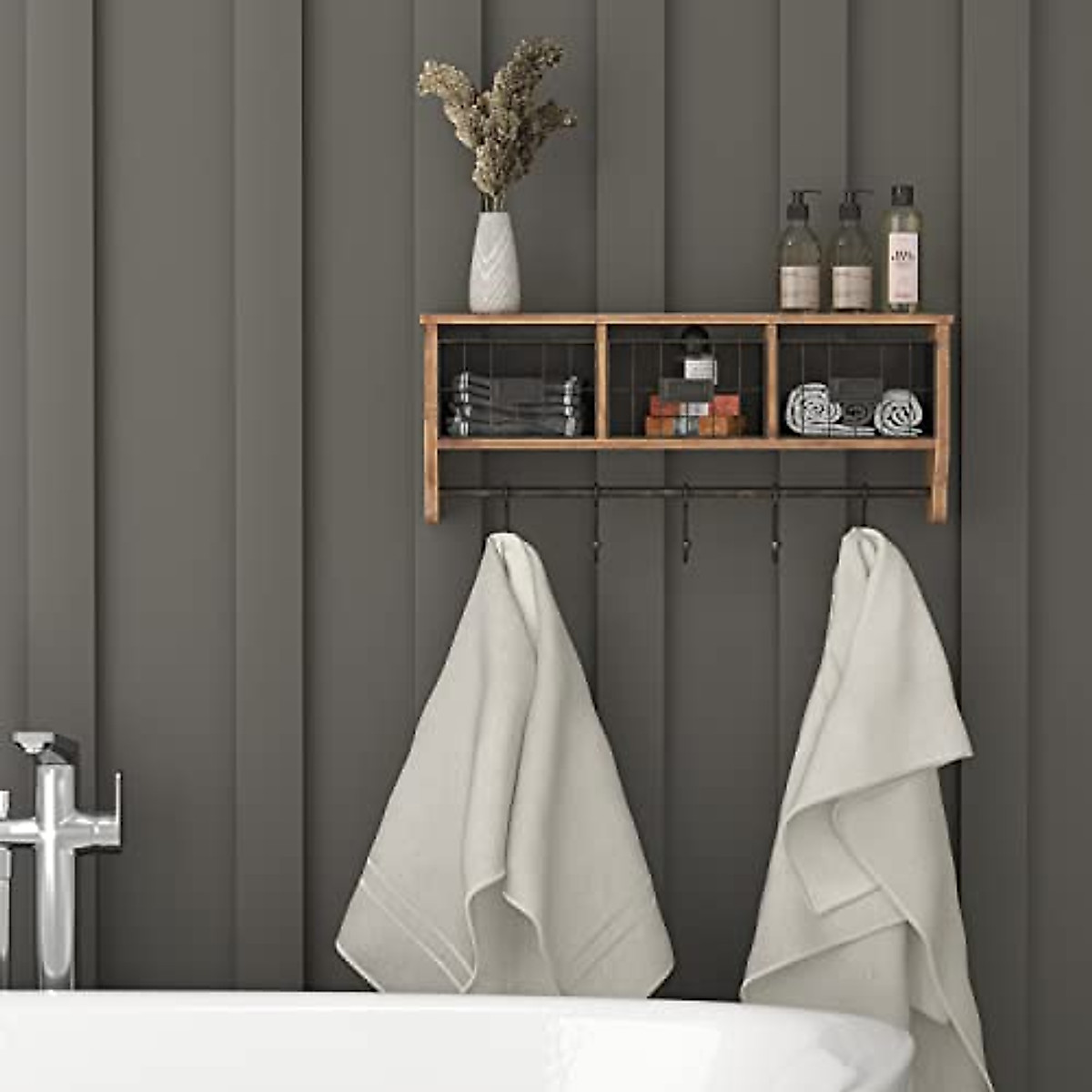 Merrick Lane Enid Wall Mount 24 Inch Solid Pine Wood Storage Rack with Upper Shelf, Hooks, and Wire Baskets for Living Room, Kitchen, or Entryway in Rustic Brown