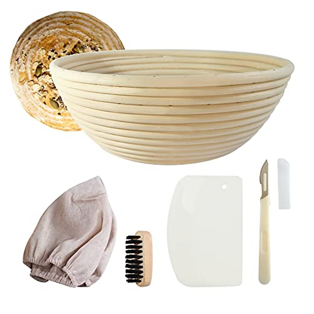 Banneton Bread Proofing Basket set, for Sourdough Bread Baking, Brotform Dough Rising Bowl, 9inch Round Rattan Basket with Baking Tools Kit, Cloth Liner, Scoring Lame, Scraper, Brush, Gifts for Bakers