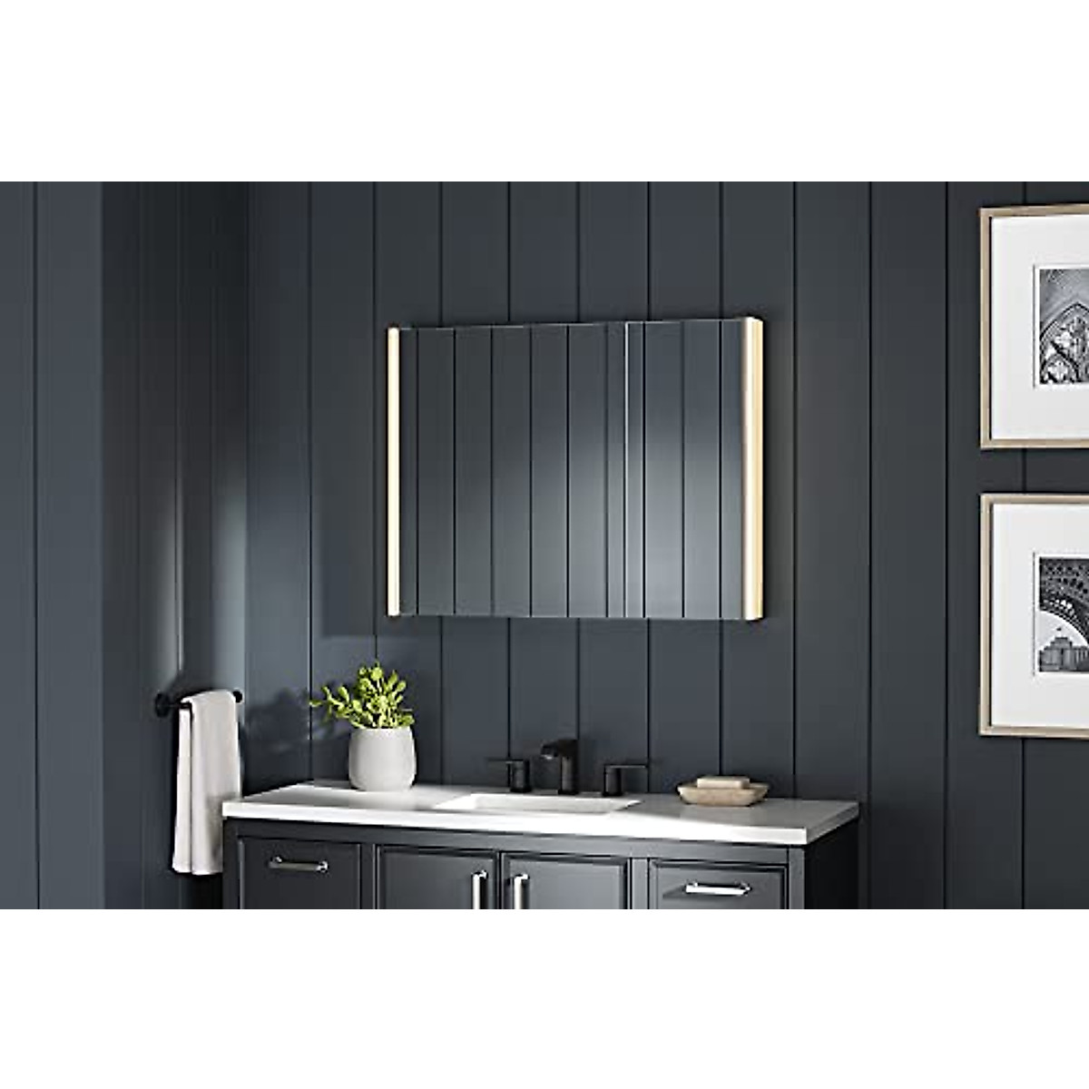 KOHLER K-81146-SLE-DA1 Maxstow Medicine Cabinet with LED Light, Mirror Doors & Staggered Shelves, Rectangular Frame, 32" x 24"