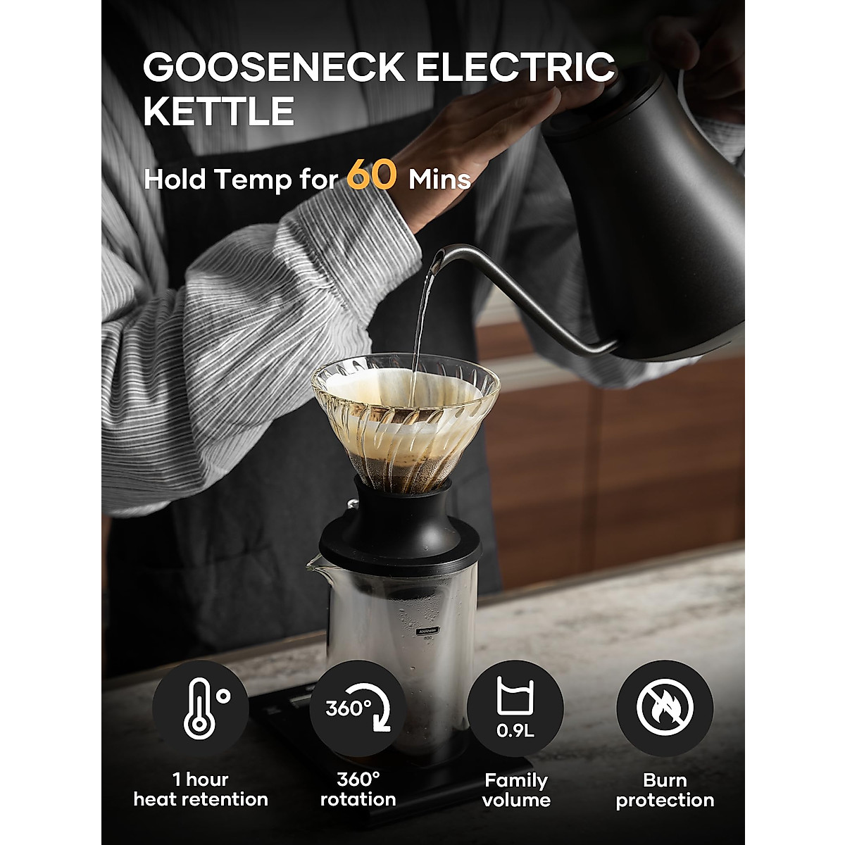 Cocinare Gooseneck Electric Kettle with Temperature Control, Pour Over Coffee & Tea, Retro Vintage Style 1200W for 180-sec Quick Boil Time, Stainless Steel Kettle Water Boiler, 30oz/0.9L (Dark Grey)