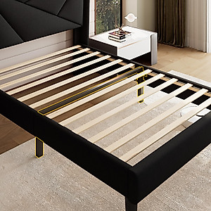 iPormis Twin Bed Frame with Charging Station, Platform Upholstered Bed, Linen Geometric Storage Headboard, Solid Wood Slats Support, No Box Spring Needed, Black